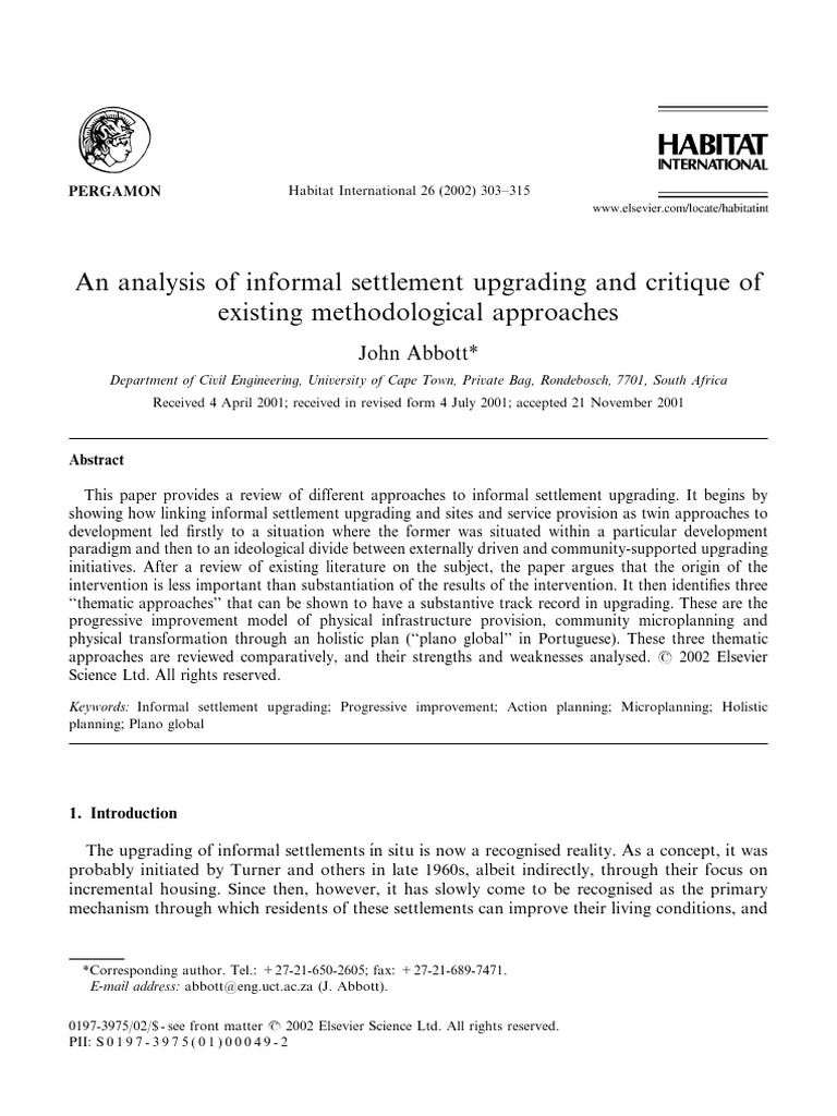 Informal Settlement Upgrading Analysis | PDF | Sustainability | Theory