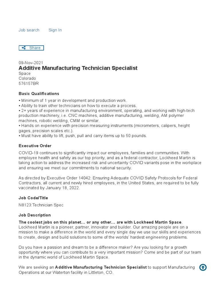 Additive Manufacturing Technician Specialist - Lockheed Martin | PDF ...