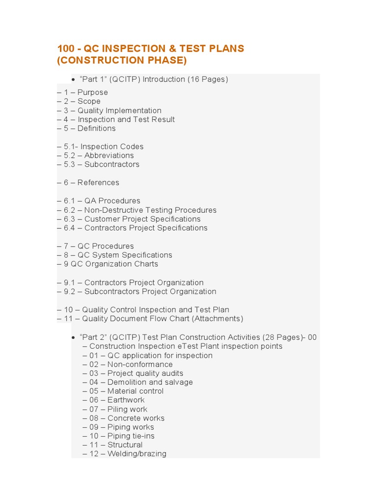 100 - QC Inspection & Test Plans (Construction Phase) | PDF | Quality ...