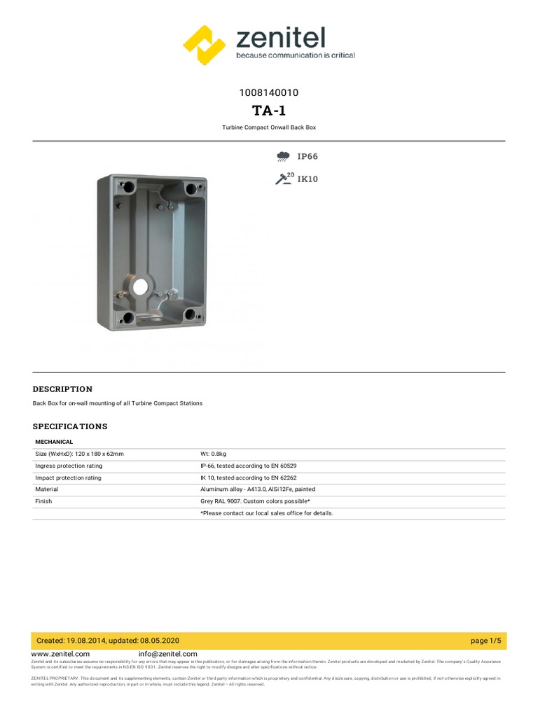Zenitel TA-1 Turbine Back Box Specs | PDF | Specification (Technical ...