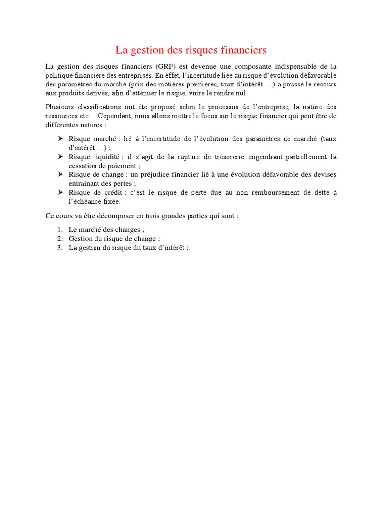 La Gestion Des Risques Financiers | PDF | Option (Finance) | Contrat à terme