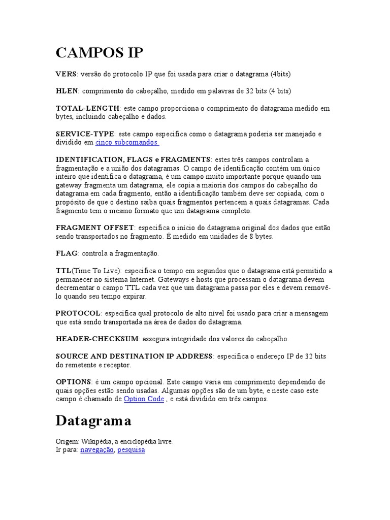 Campos do cabeçalho do protocolo IPv4: descrição e função de cada campo ...