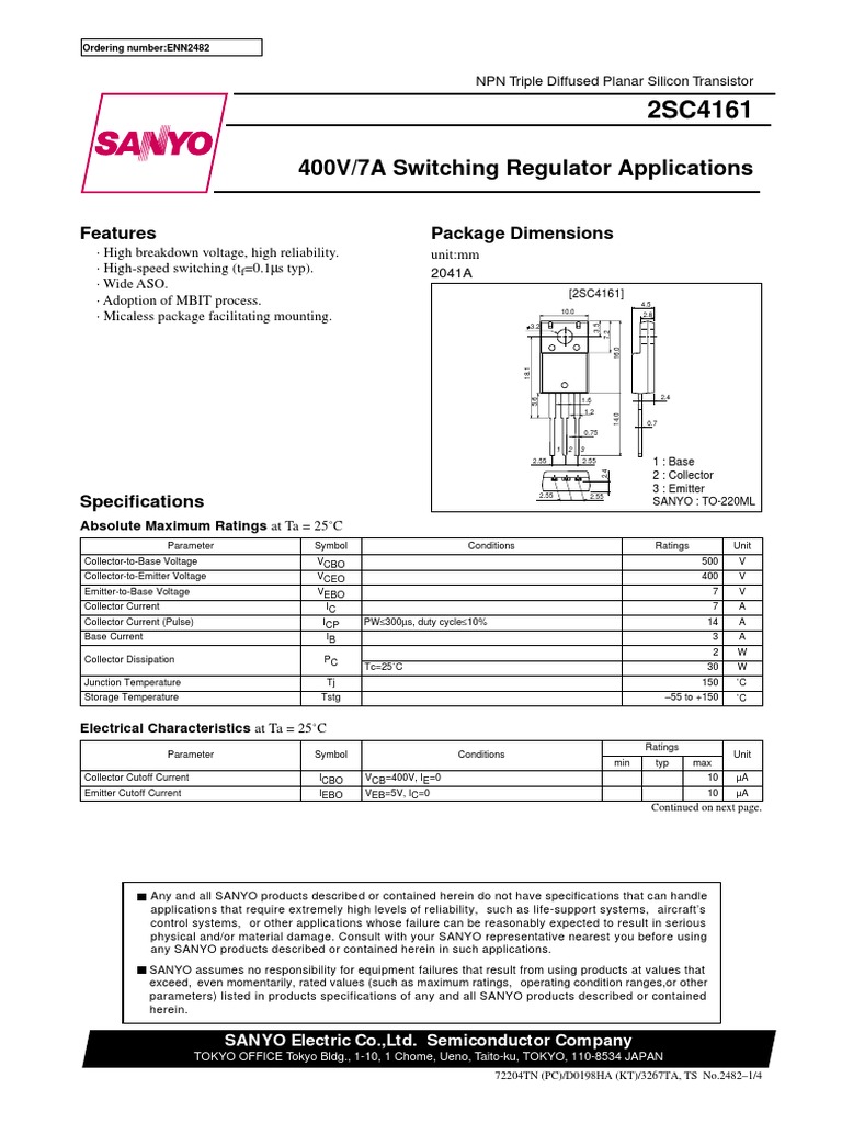 400V/7A Switching Regulator Applications: Package Dimensions Features | PDF | Bipolar Junction ...