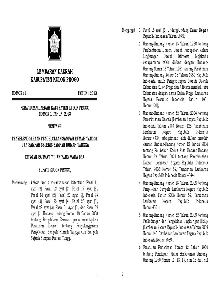 Perda Kab - Kulon Progo No.1 Tahun 2013 TTG Penyelenggaraan Pengelolaan Sampah Rumah Tangga Dan ...