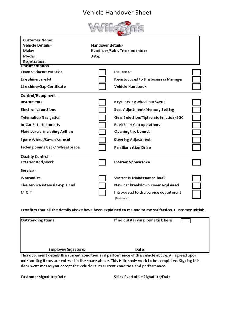 Vehicle Handover Checklist | PDF | Vehicles | Car