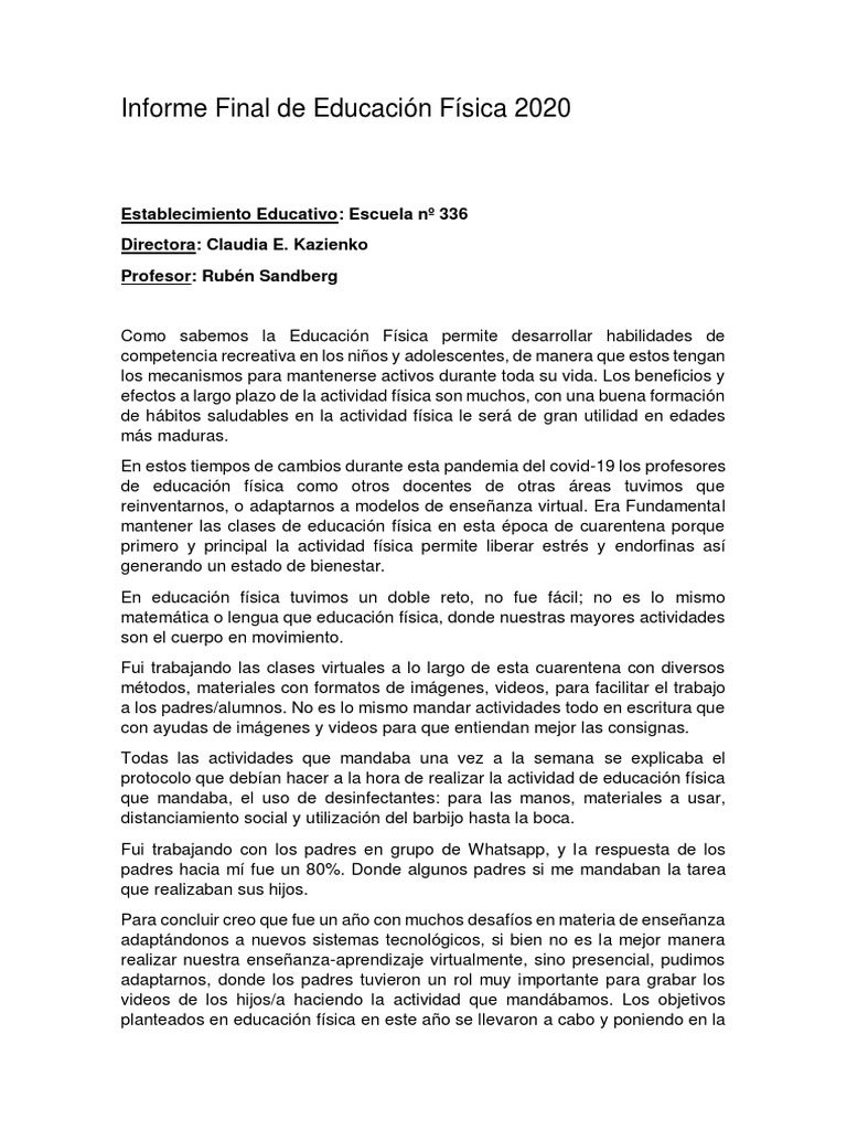 Informe Final Educacion Fisica | PDF | Educación Física | Física