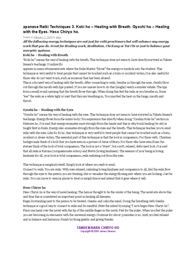 Apanese Reiki Techniques 3. Koki Ho - Healing With Breath. Gyoshi Ho ...