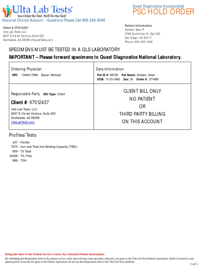 Order 157489 - PSC Requisition - Ulta Lab Tests | PDF | Health Sciences ...
