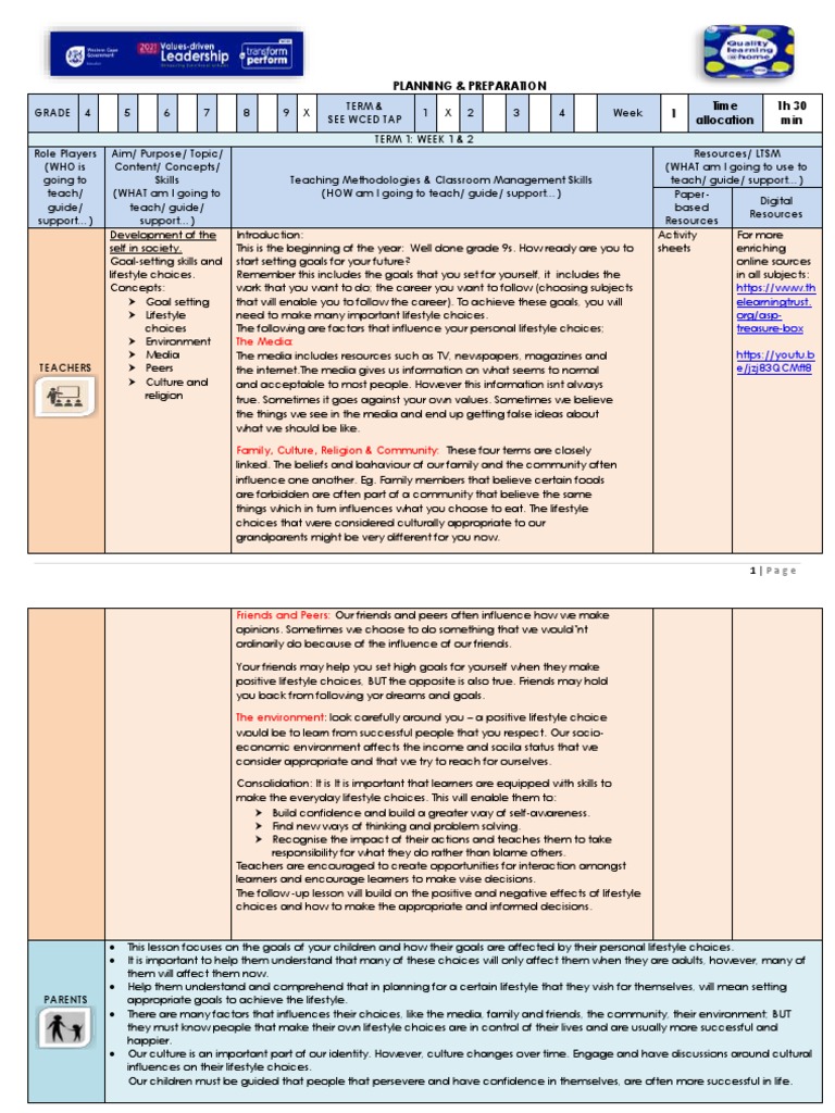 Lesson Plan Gr. 9 Life Orientation Term 1 Week 1 & 2 | PDF | Lifestyle ...
