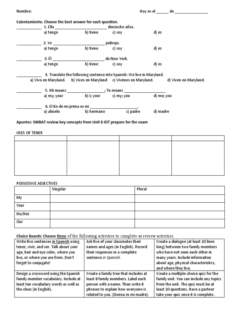 Spanish Review: Tener, Ser, Family Quiz | PDF | Languages | Syntactic ...