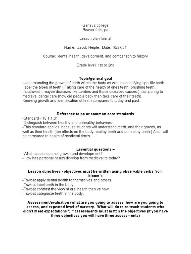 Edu 251 Lesson Plan 2021 Template | PDF | Human Tooth | Oral Hygiene