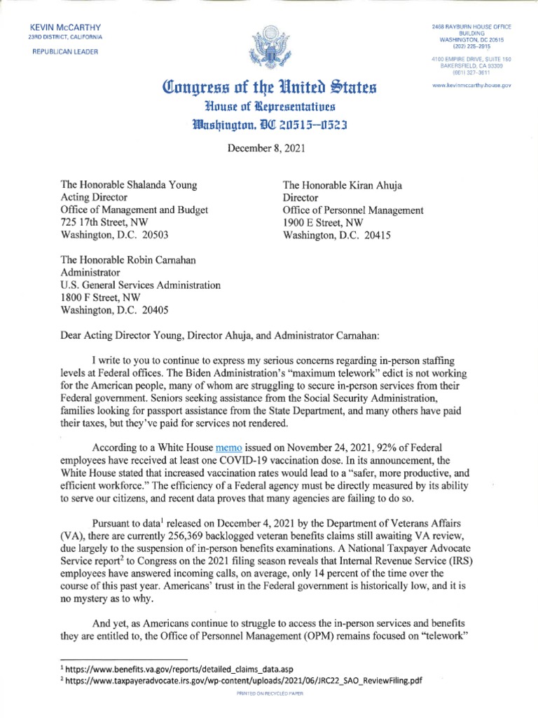 McCarthy Letter Re: Continued Telework | PDF