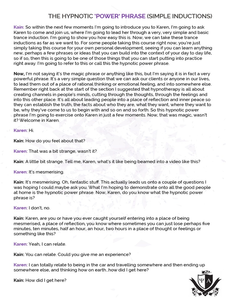 The Hypnotic (Simple Inductions) : Power' Phrase | PDF | Hypnosis | Feeling