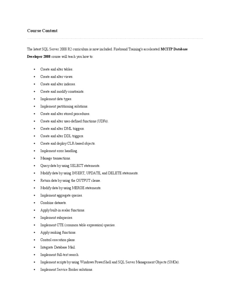 MS-SQL Certification Syllbus | PDF | Microsoft Sql Server | Databases