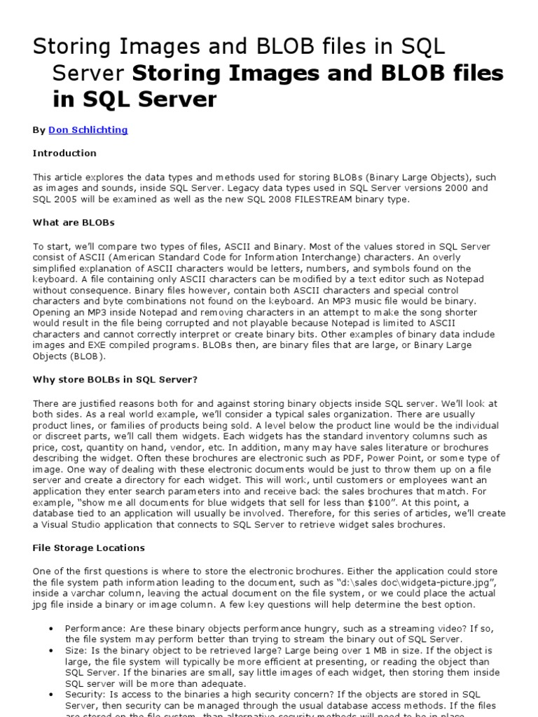 Storing Images And Blob Files In Sql Server Pdf Microsoft Sql Server Parameter Computer