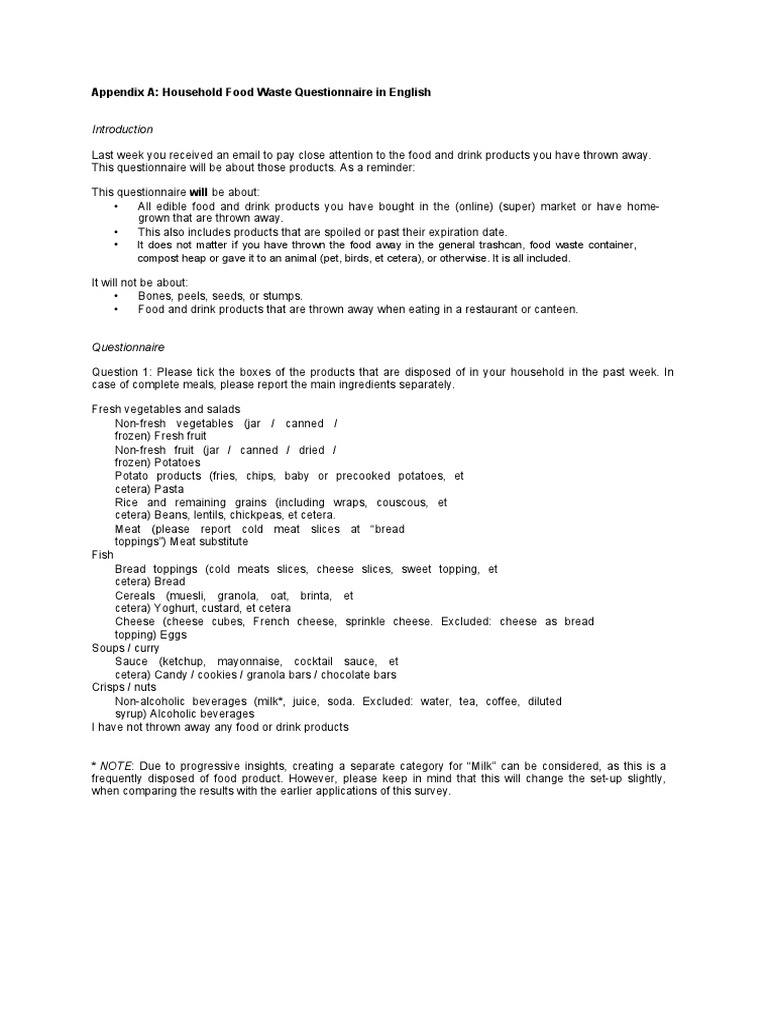 Appendix A Household Food Waste Questionnaire in English Avalidated ...