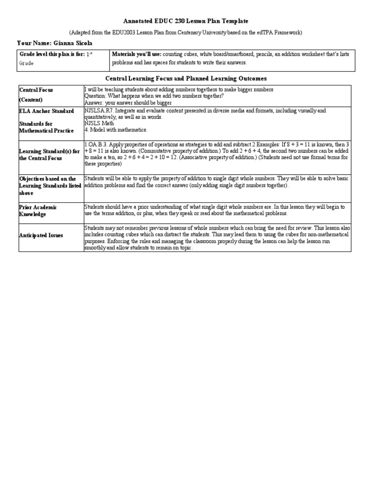 Educ 230 Annotated Lesson Plan 1 | PDF | Teachers | Lesson Plan