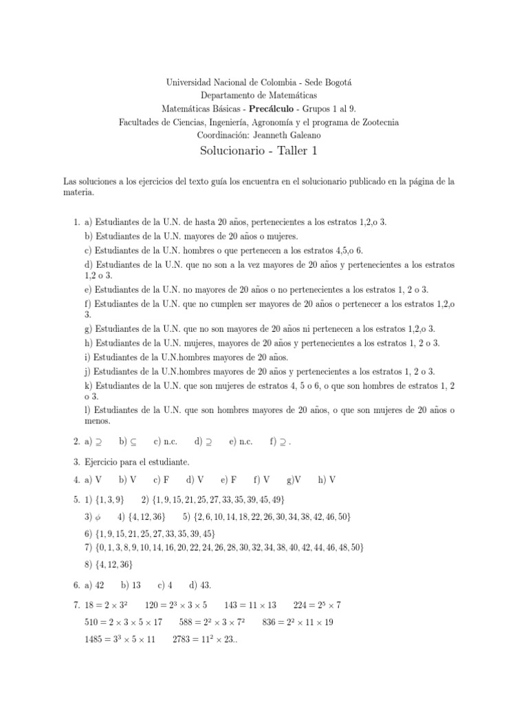 Solucionario Taller Precálculo UNAL | PDF