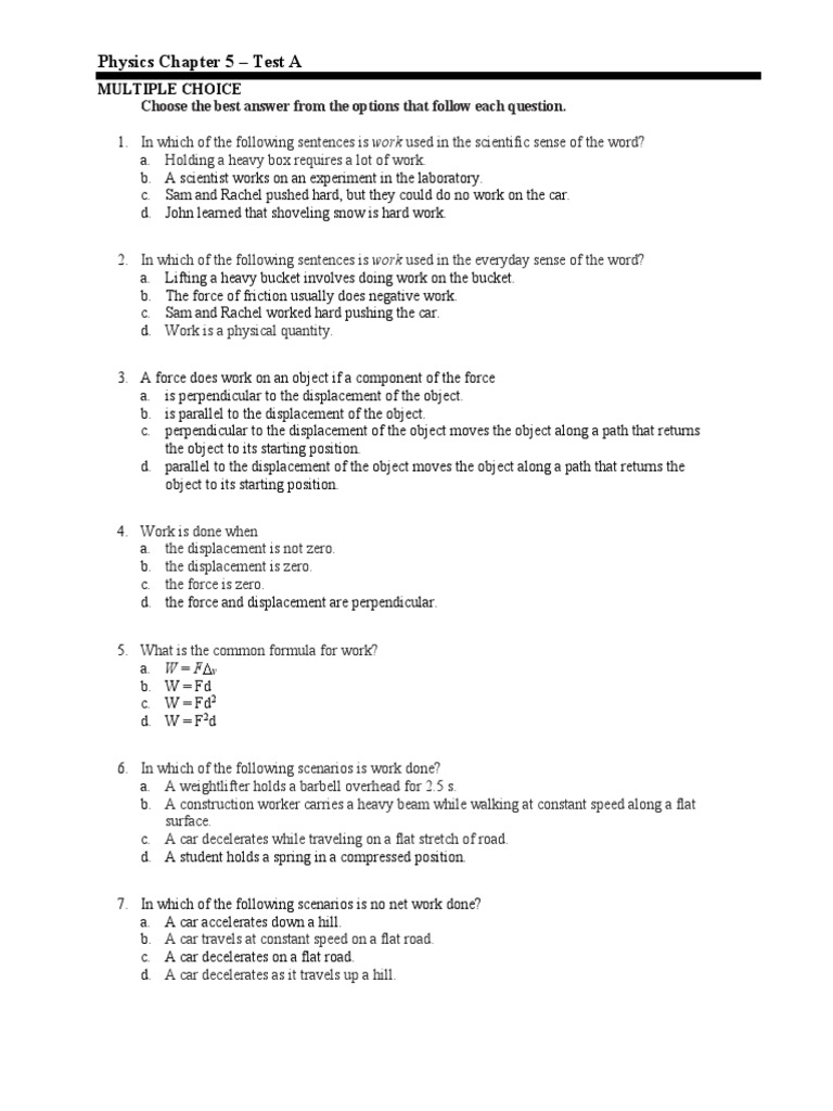 Physics Chapter 5 - Test A: Choose The Best Answer From The Options ...