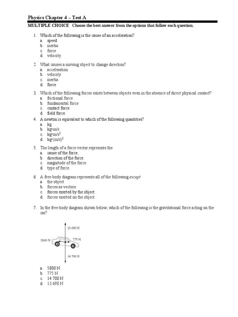 Physics Chapter 4 - Test A: Multiple Choice | PDF | Force | Mass
