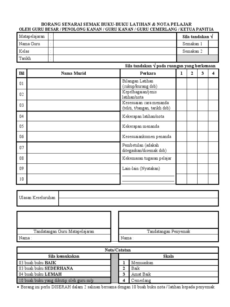Senarai Semak Buku Latihan Dan Nota Pelajar | PDF