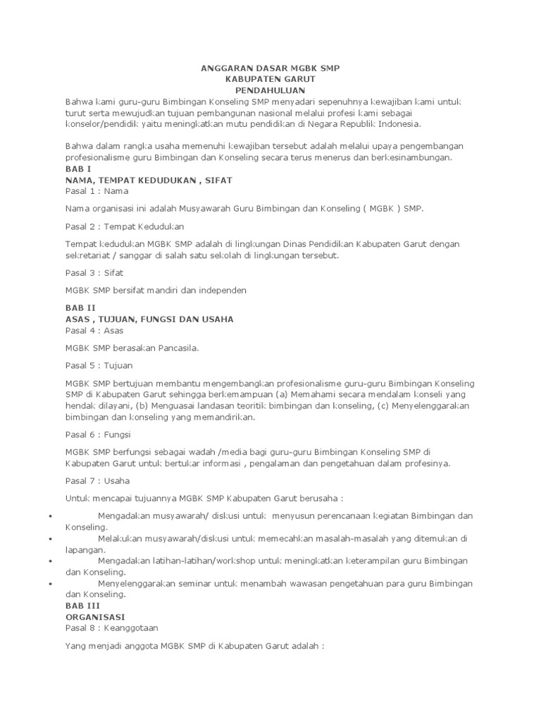 Anggaran Dasar MGBK SMP | PDF | Bisnis | Pengelolaan Keuangan & Uang