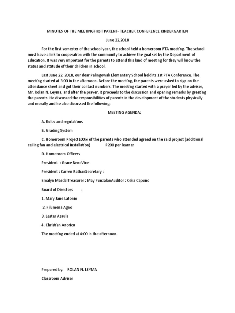 Minutes of The Meetingfirst Parent | PDF | Wellness