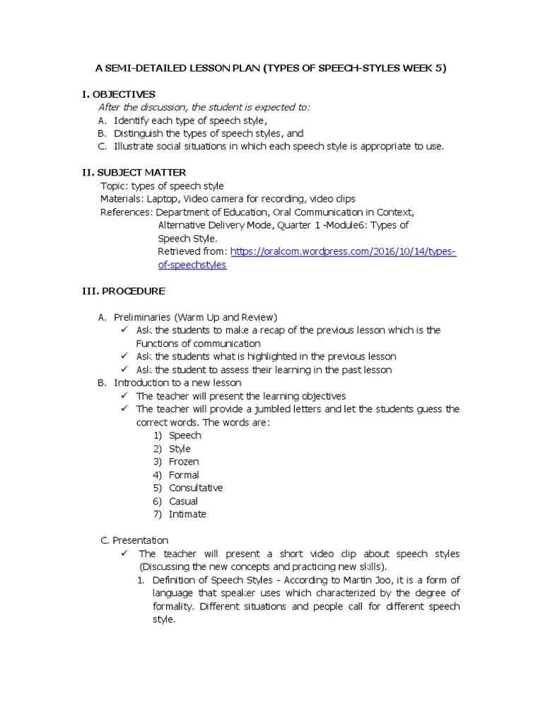 Types of Speech Styles Lesson Plan | PDF | Teachers | Speech