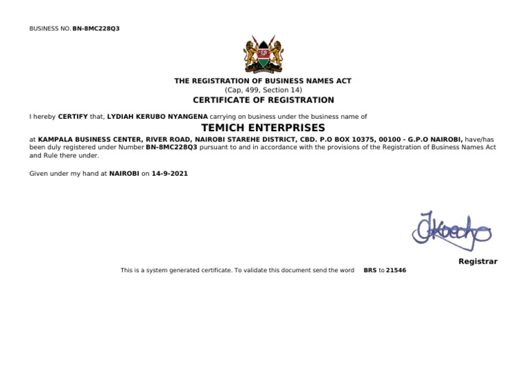 Business Registration Certificate Sample | PDF