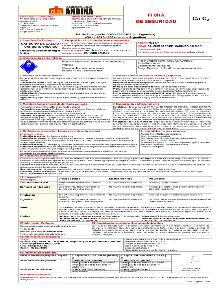 Ficha - de - Seguridad - PDF Carburo de Calcio | PDF | Agua | Quemar