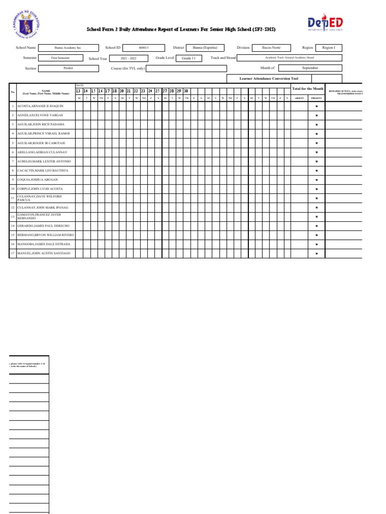 School Form 2 Daily Attendance Report of Learners For Senior High ...
