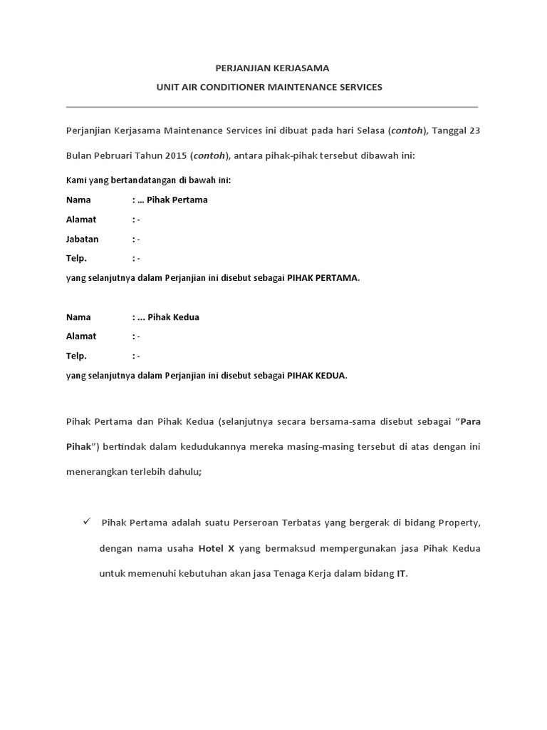 Draf Perjanjian Kerjasama It Maintenance Services Perjanjian Kerjasama ...