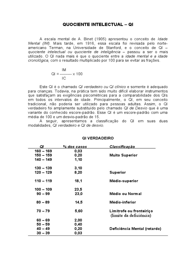 QI Classificação | PDF | Quociente de inteligência | Deficiência ...