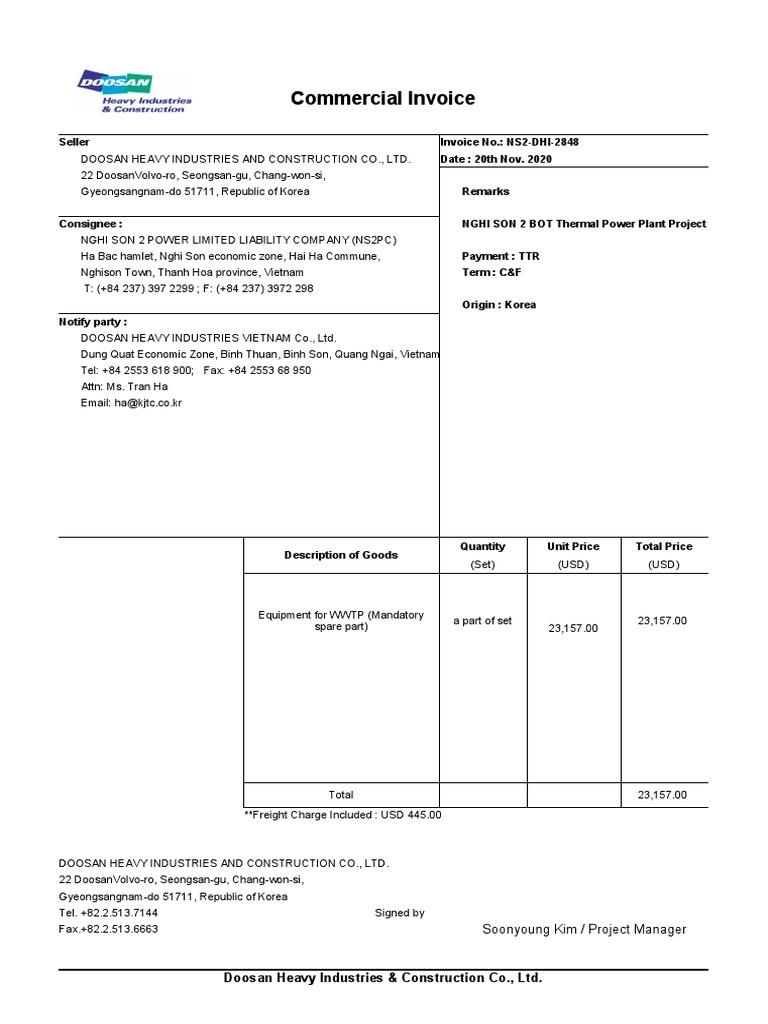 Commercial Invoice for WWTP Parts | PDF | Pump | Equipment