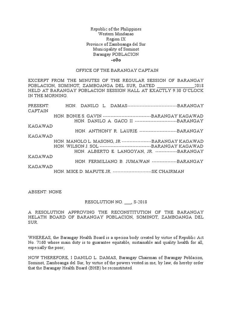 Resolution For Barangay Health Board | Download Free PDF | Government ...
