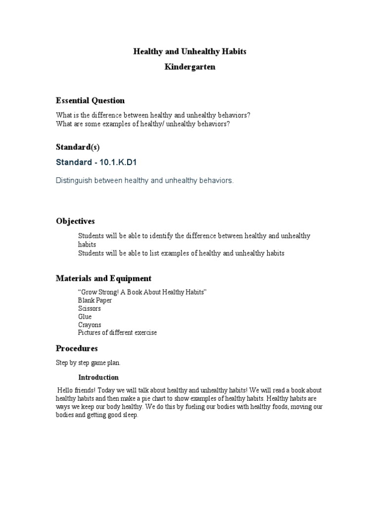 Healthy Habits Lesson Plan | Download Free PDF | Cognition | Behavior ...