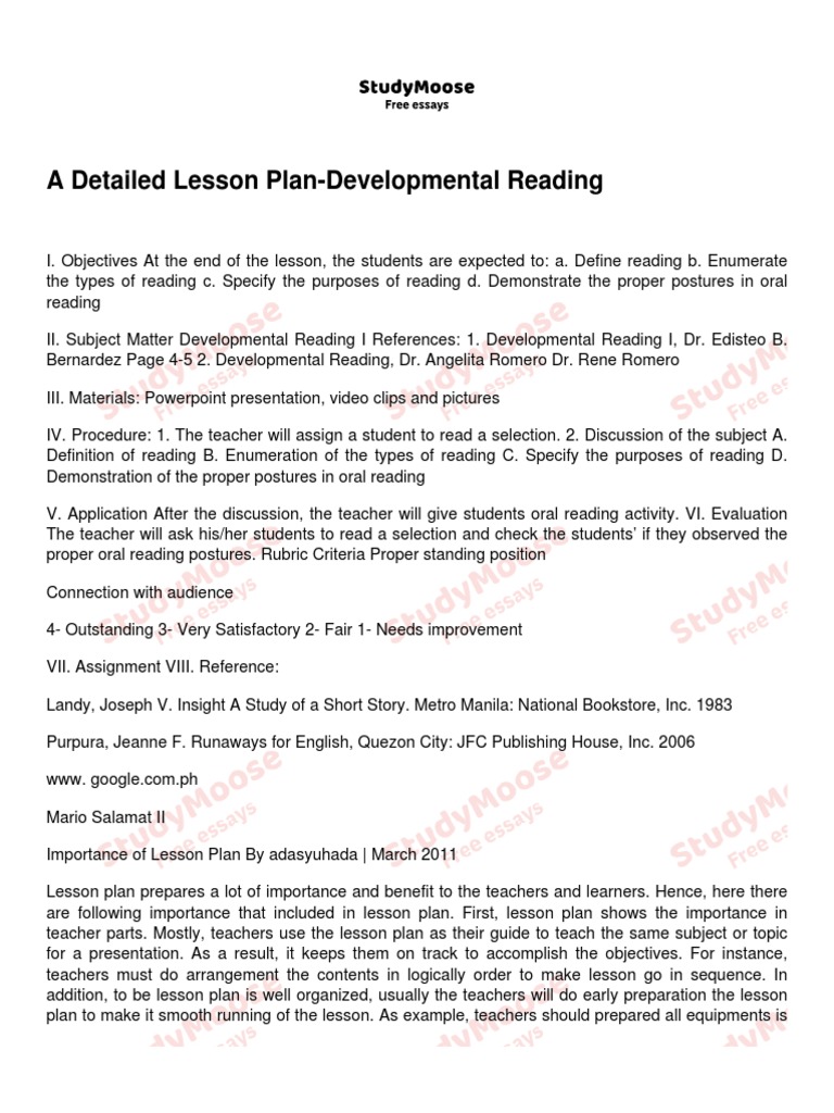 A Detailed Lesson Plan-Developmental Reading | PDF | Lesson Plan ...