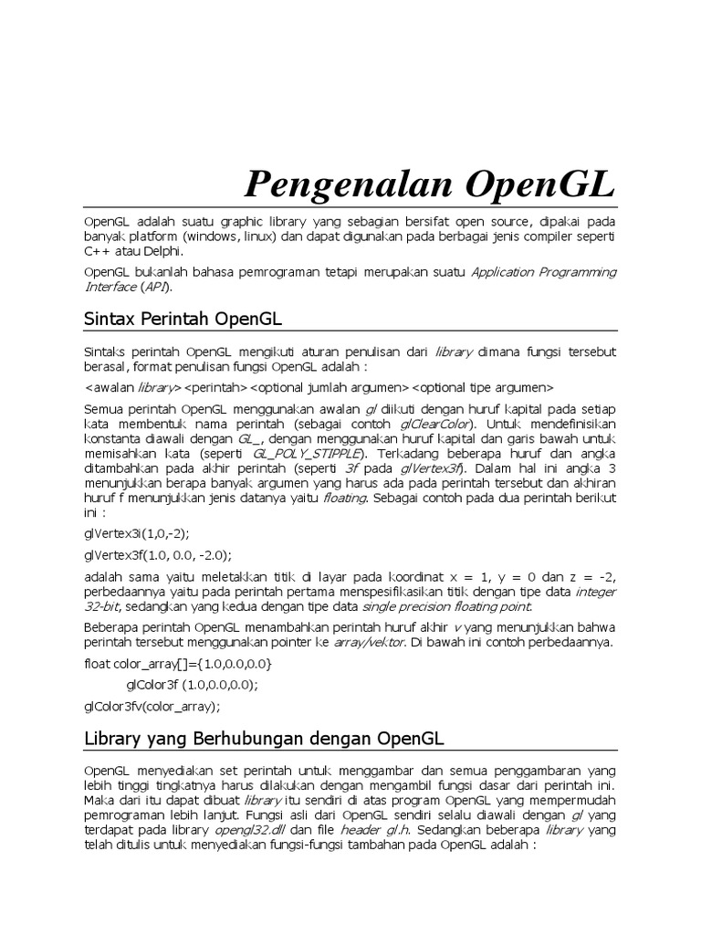 Pengenalan OpenGL. Sintax Perintah OpenGL. Library Yang Berhubungan Dengan OpenGL | PDF
