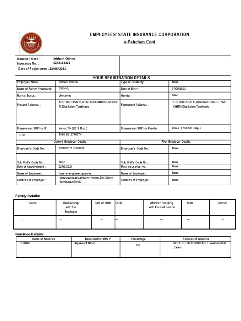 Employees' State Insurance Corporation E-Pehchan Card: Insured Person ...