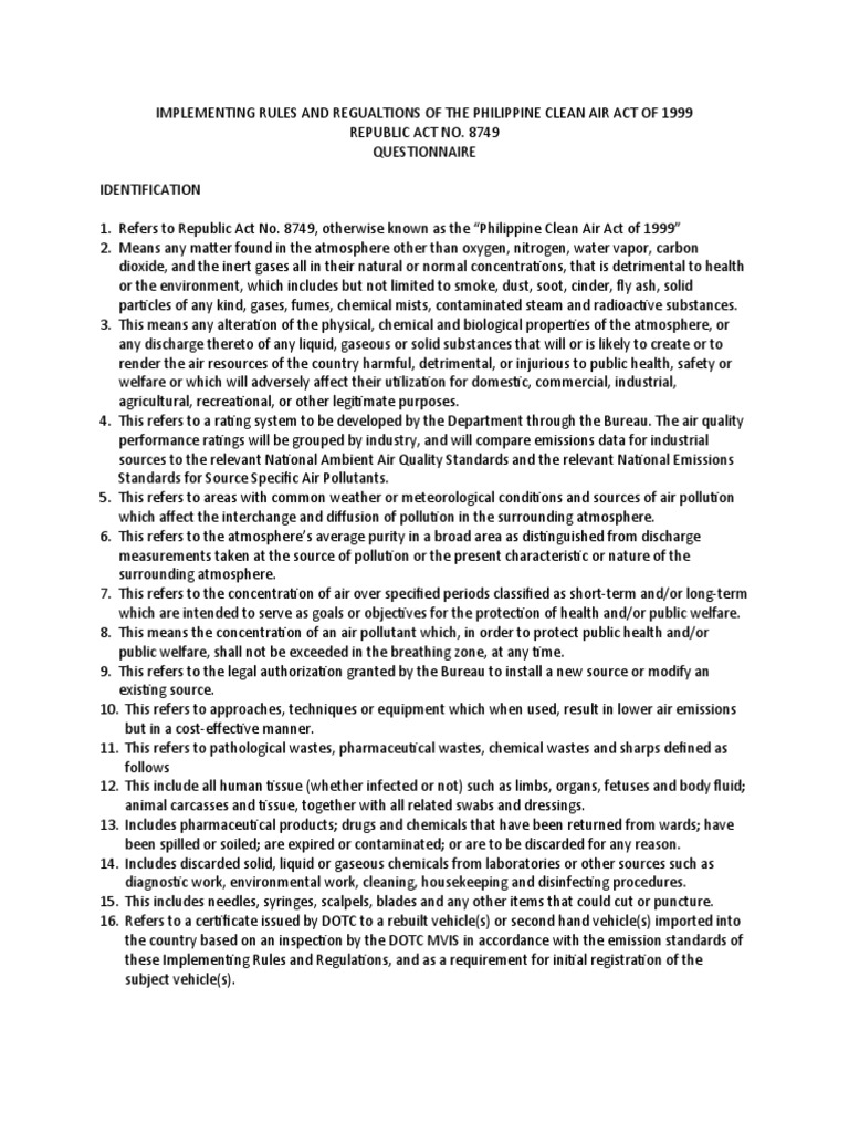 RA 8749 Questionnaire | PDF | Air Pollution | Exhaust Gas