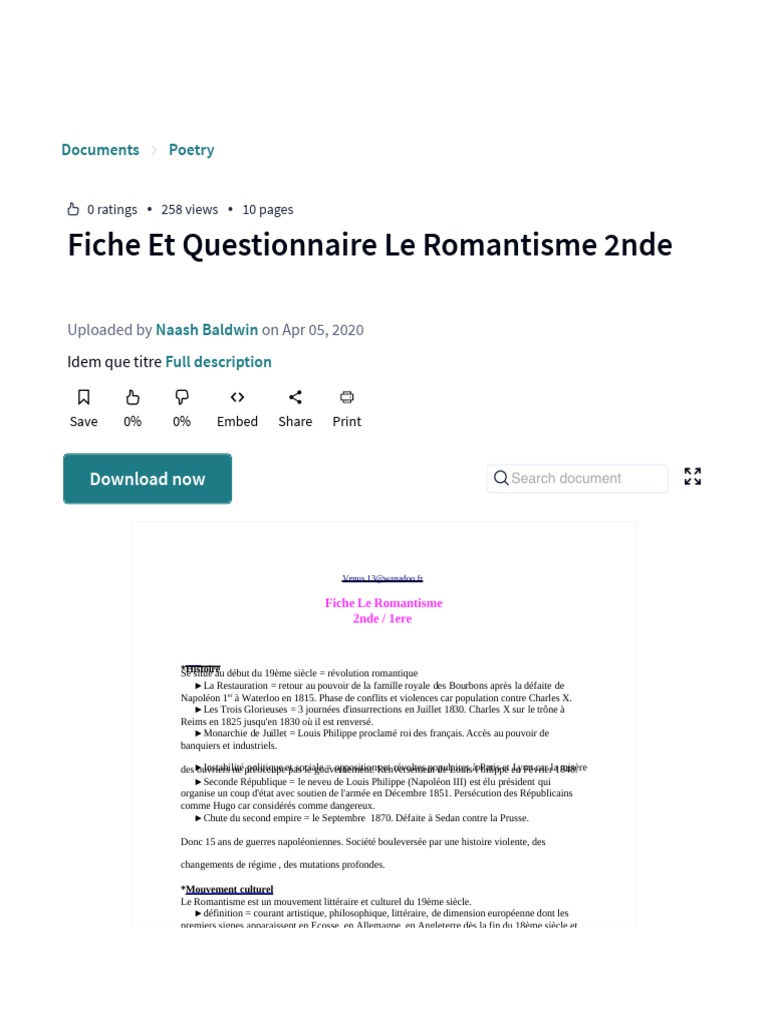Fiche Et Questionnaire Le Romantisme 2nde - PDF - Victor Hugo - Poésie | PDF | Pièce de théâtre ...