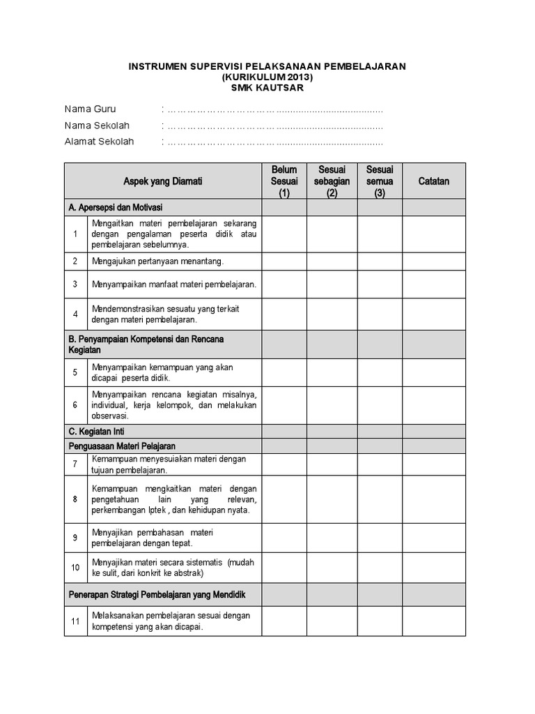 Instrumen Supervisi Pelaksanaan Pembelajaran | PDF
