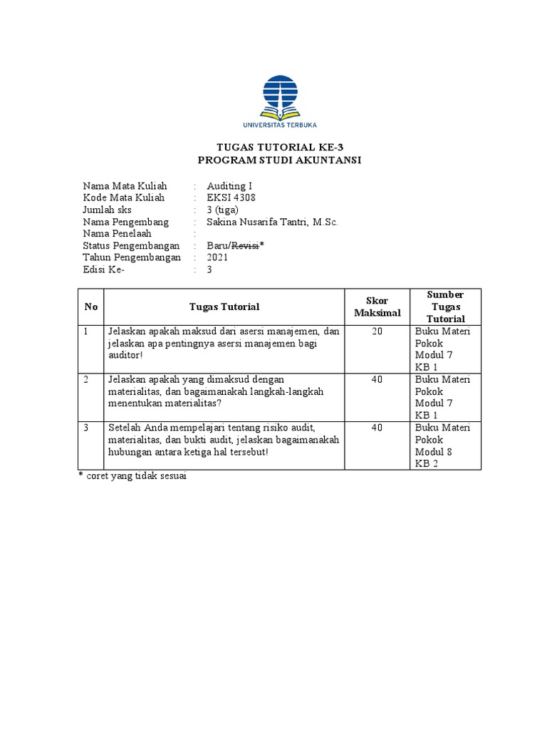 TUGAS TUTORIAL KE-3 Auditing 1 EKSI 4308 | PDF TUGAS TUTORIAL KE-3 Auditing 1 EKSI 4308 | PDF