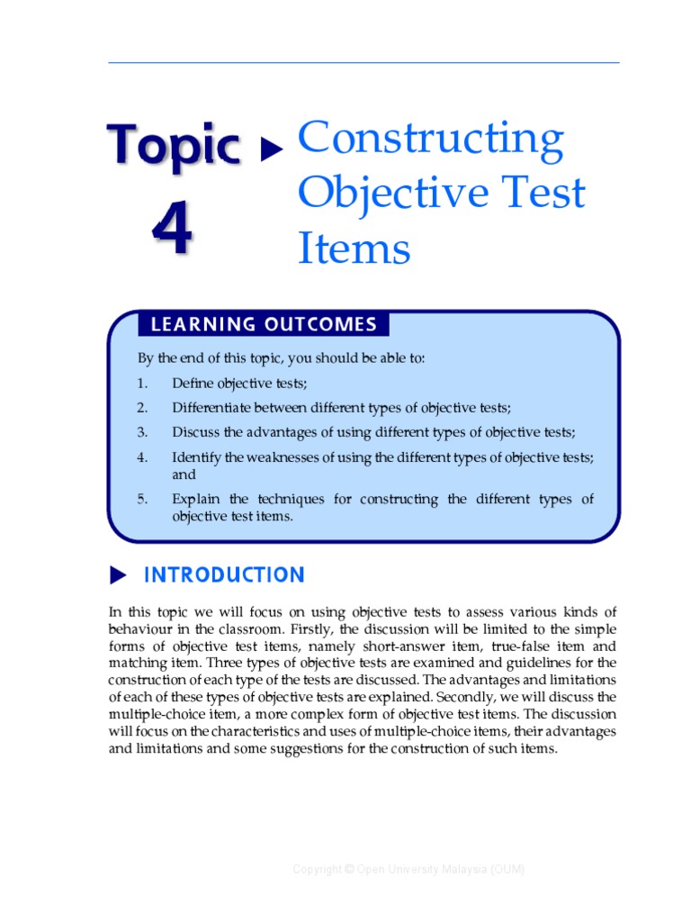 Topic: Constructing Objective Test Items | PDF | Multiple Choice | Question