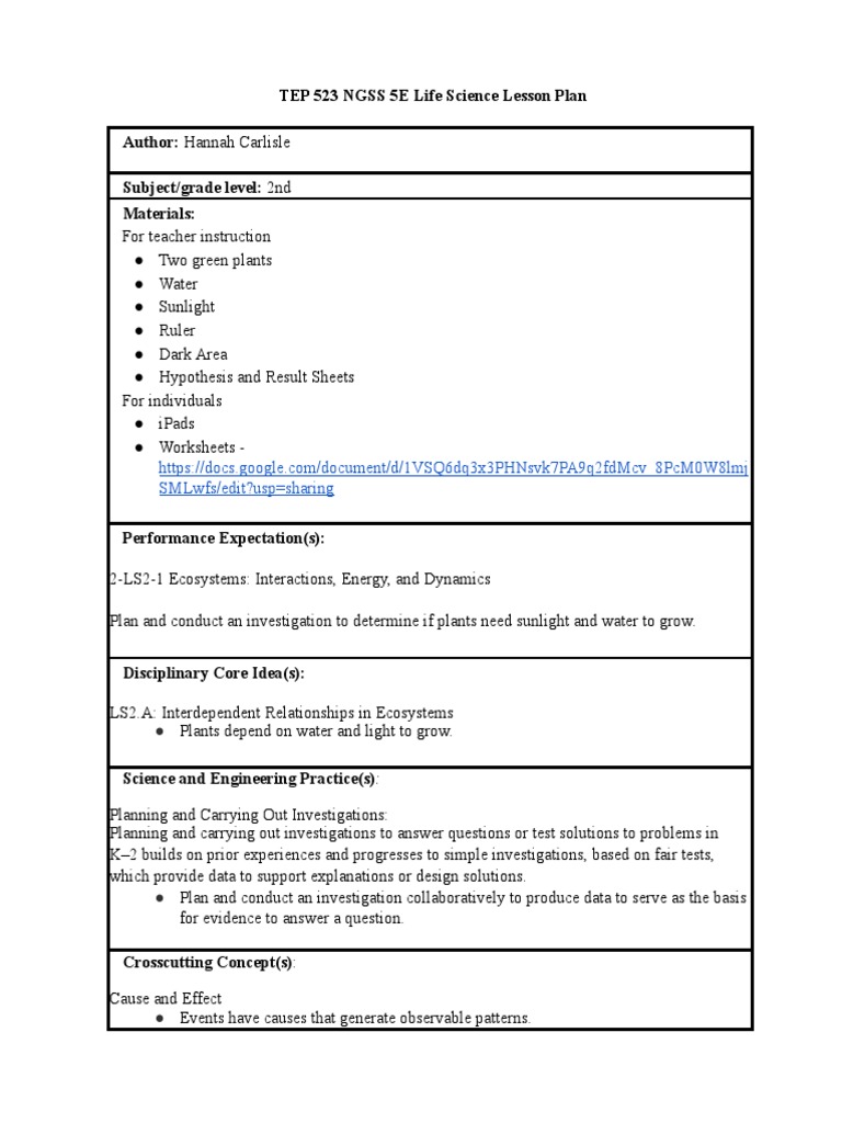 TEP 523 NGSS 5E Life Science Lesson Plan Author: Hannah Carlisle ...