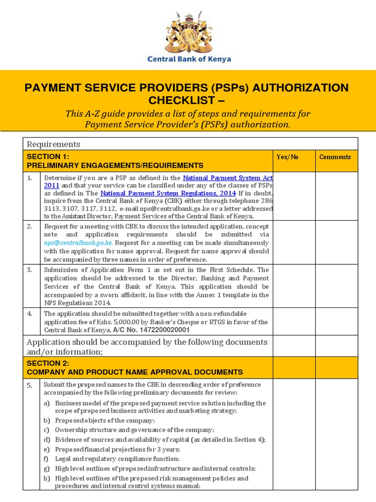 Payment Service Providers Authorization Checklist | PDF | Trust Law | Banks