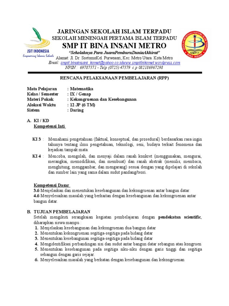 RPP MTK KELAS 9 KD 3.6 (Kekongruenan Dan Kesebangunan) | PDF | Karier & Perkembangan