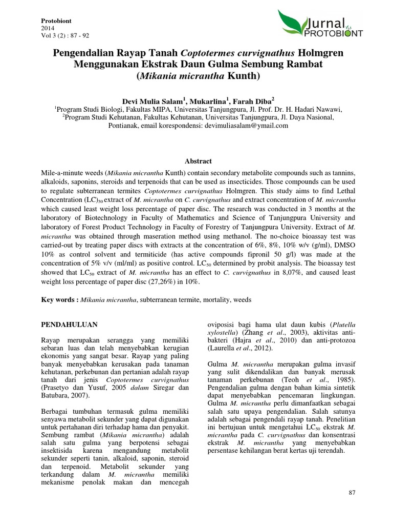 Pengendalian Rayap Tanah Coptotermes Curvignathus Holmgren Menggunakan ...