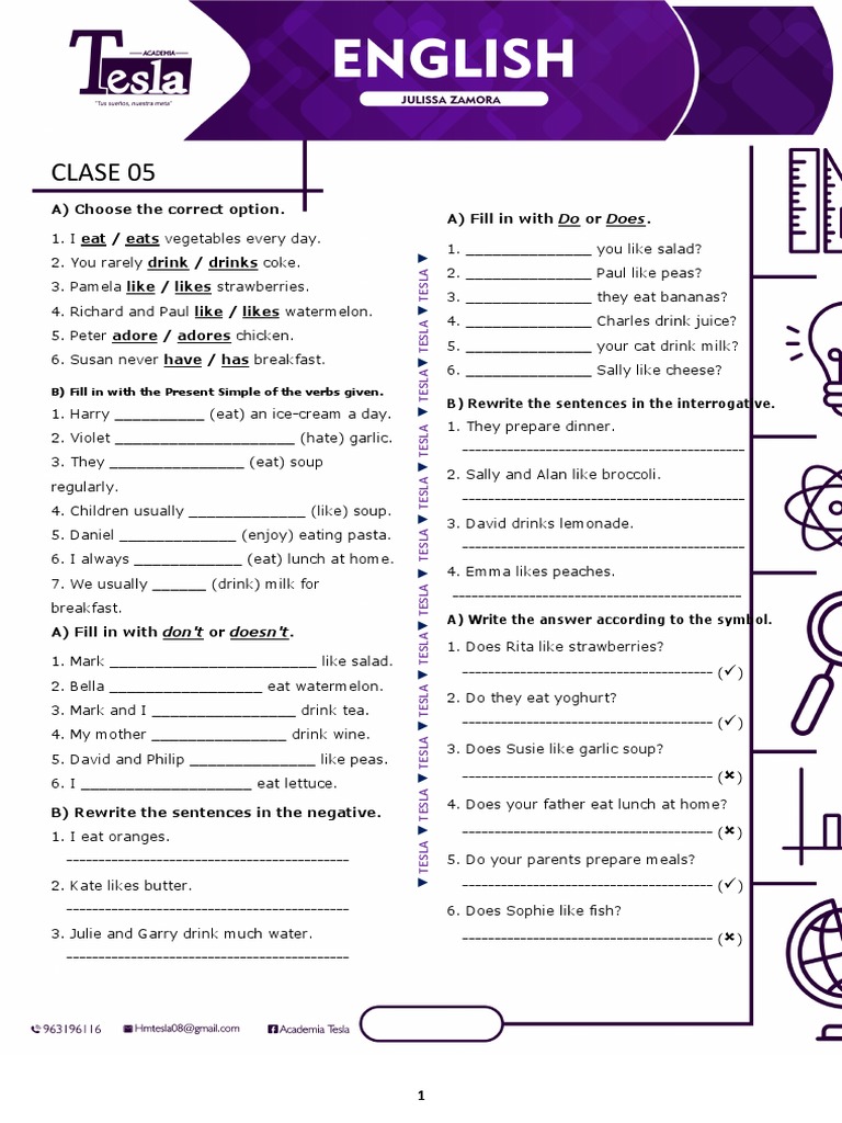 Present Simple Tense Practice: Verbs for Common Foods and Meals | PDF ...