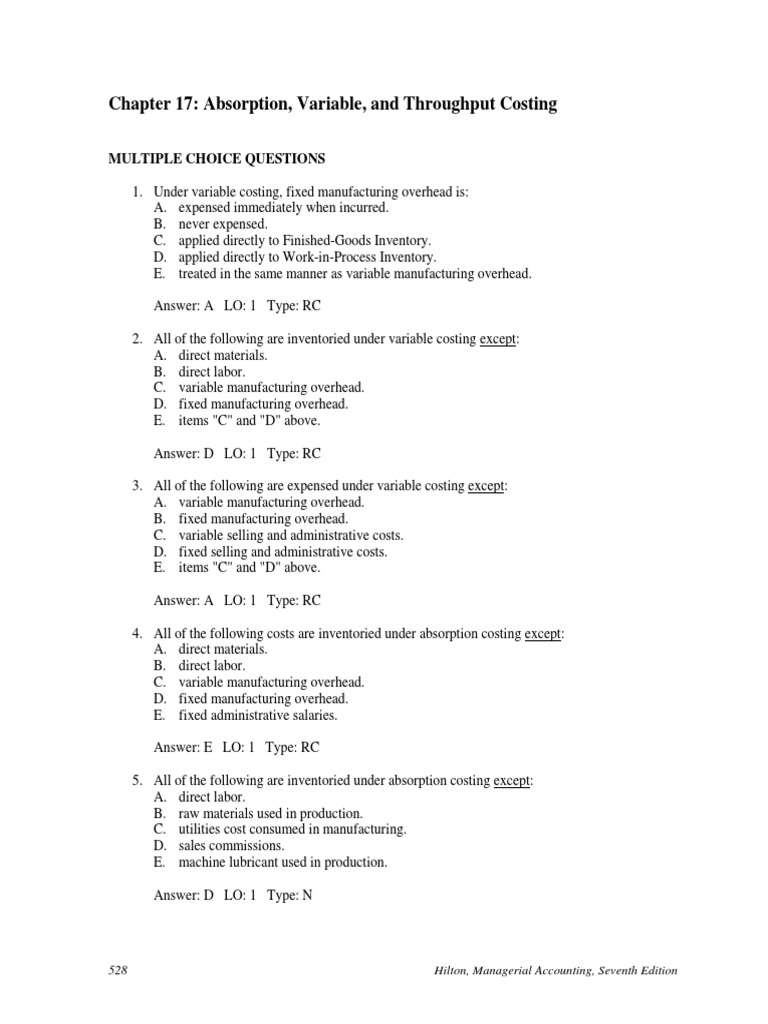 Chapter 17: Absorption, Variable, and Throughput Costing: Multiple Choice Questions | PDF | Cost ...